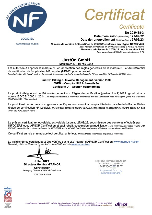 Compliance with NF203 and ISO/IEC 25051:2014 - JustOn